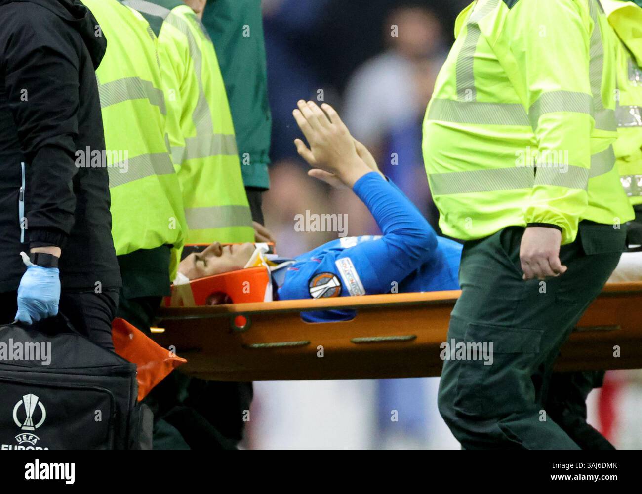 Rangers' Bailey Rice gets stretched off during the UEFA Europa League ...