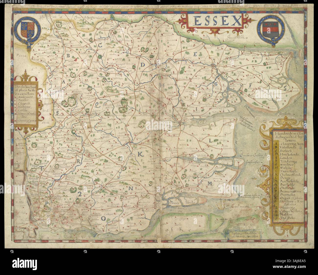 A 1594 manuscript map by John Norden of Essex, created with ink and tempera on parchment ...