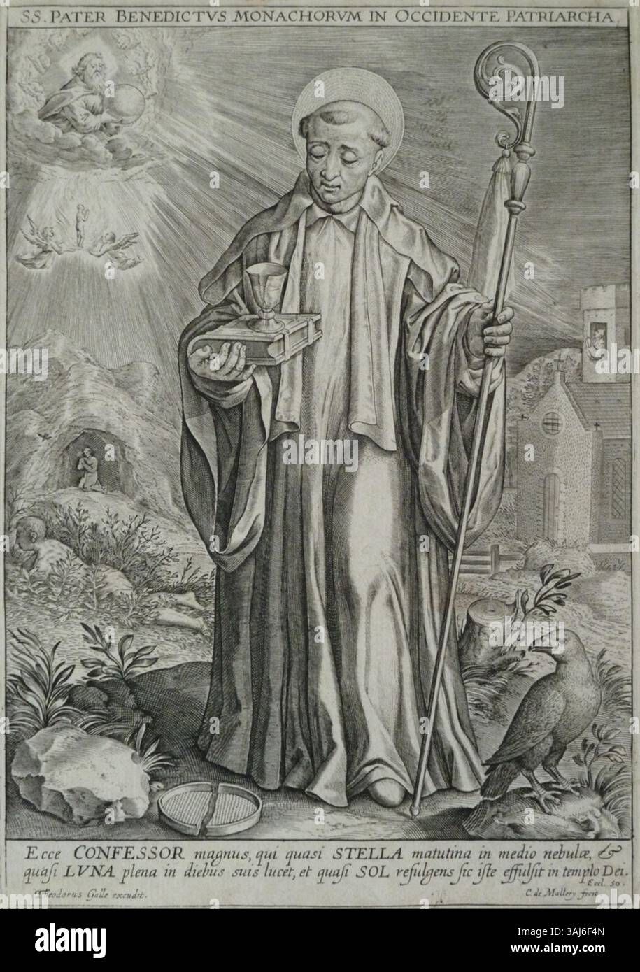 This 17th-century engraving by Philips van Mallery depicts St. Benedict ...
