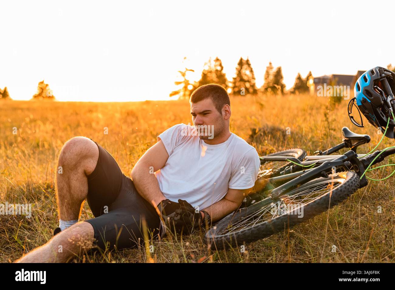 Mountain bike cyclist resting after trail forest rides active healthy ...