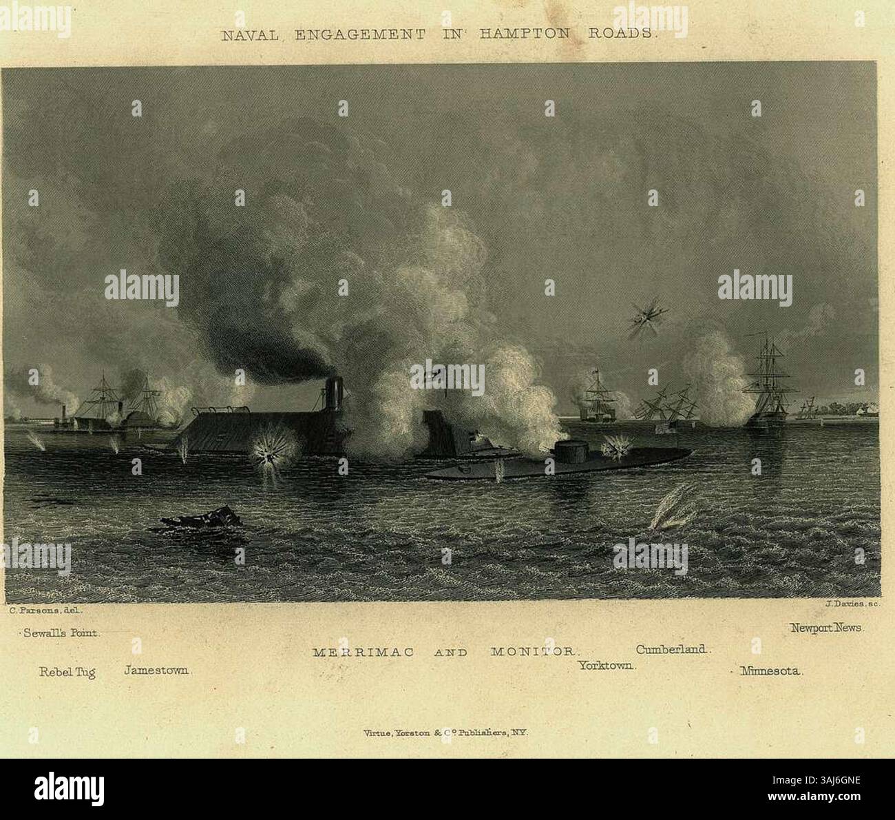 A depiction of the naval engagement at Hampton Roads during the ...