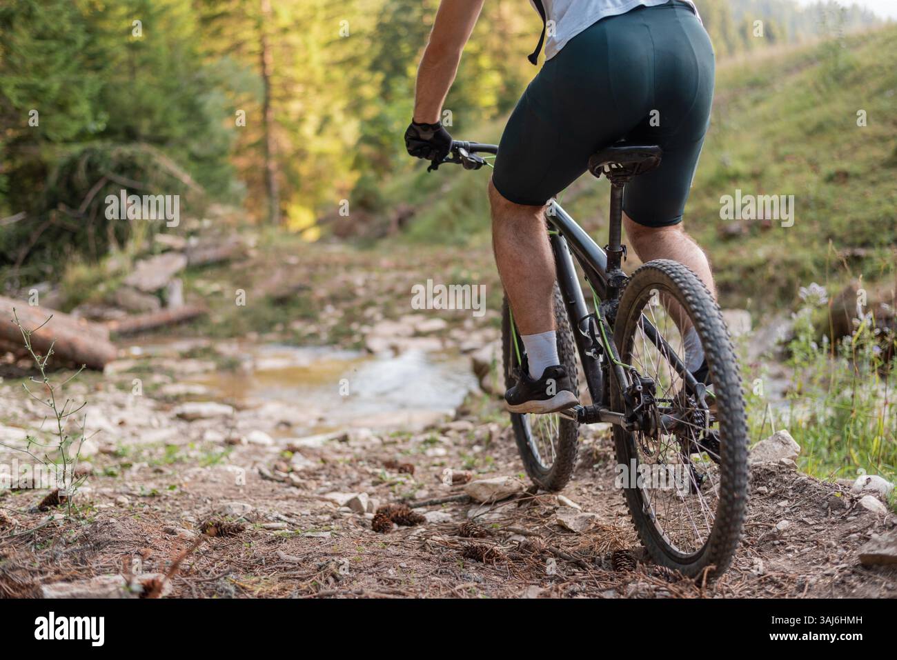 Professional mountain bike cyclist riding a trail over a water ...