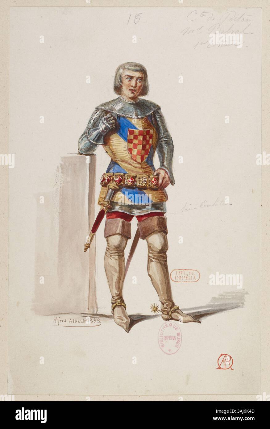 This retouched costume design by Alfred Albert for 'La magicienne' shows the first costume for ...