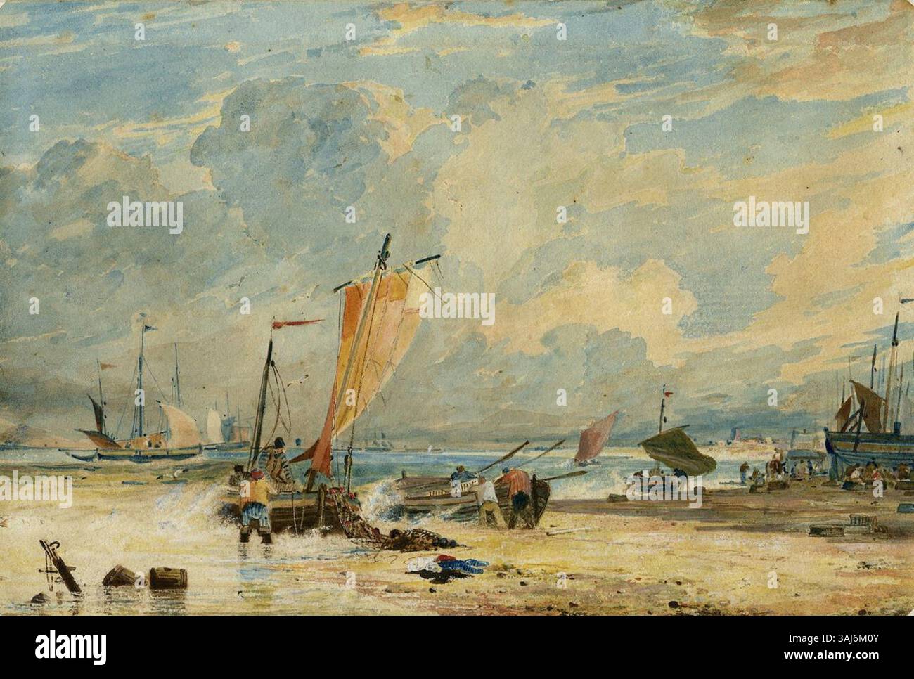 This undated painting by George Vincent portrays a busy shipping scene ...