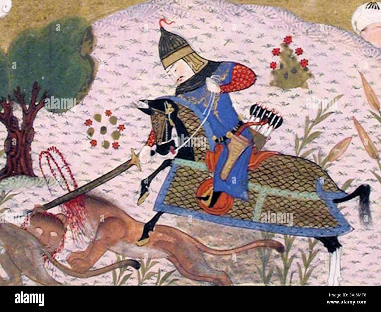 This 1482 painting depicts Esfandiar, a Persian hero, slaying lions ...