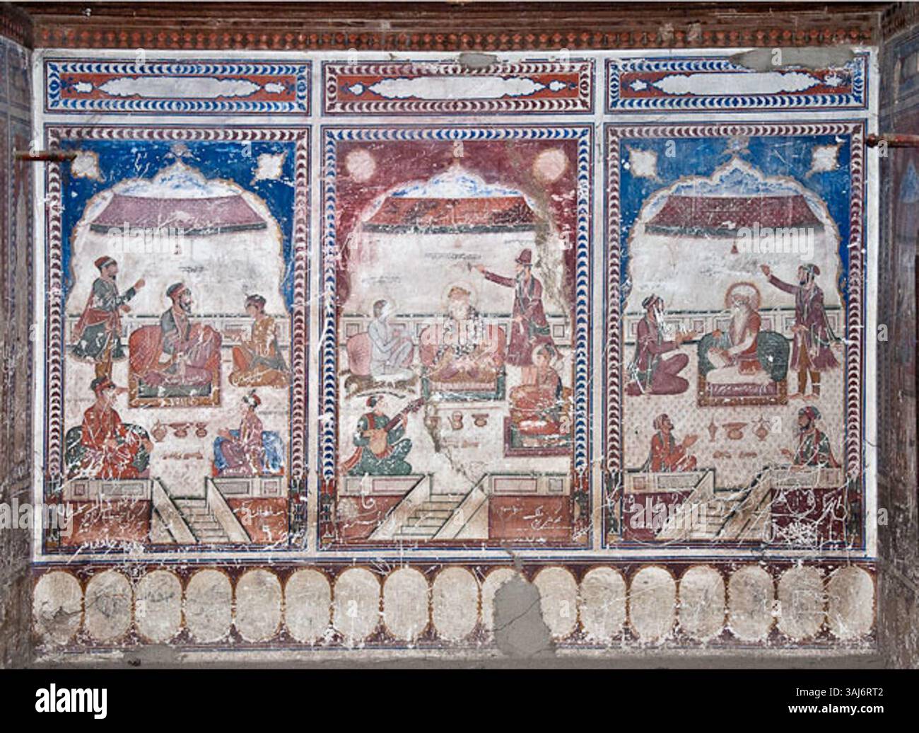 This 19th-century artwork depicts three Sikh gurus and their retinue ...