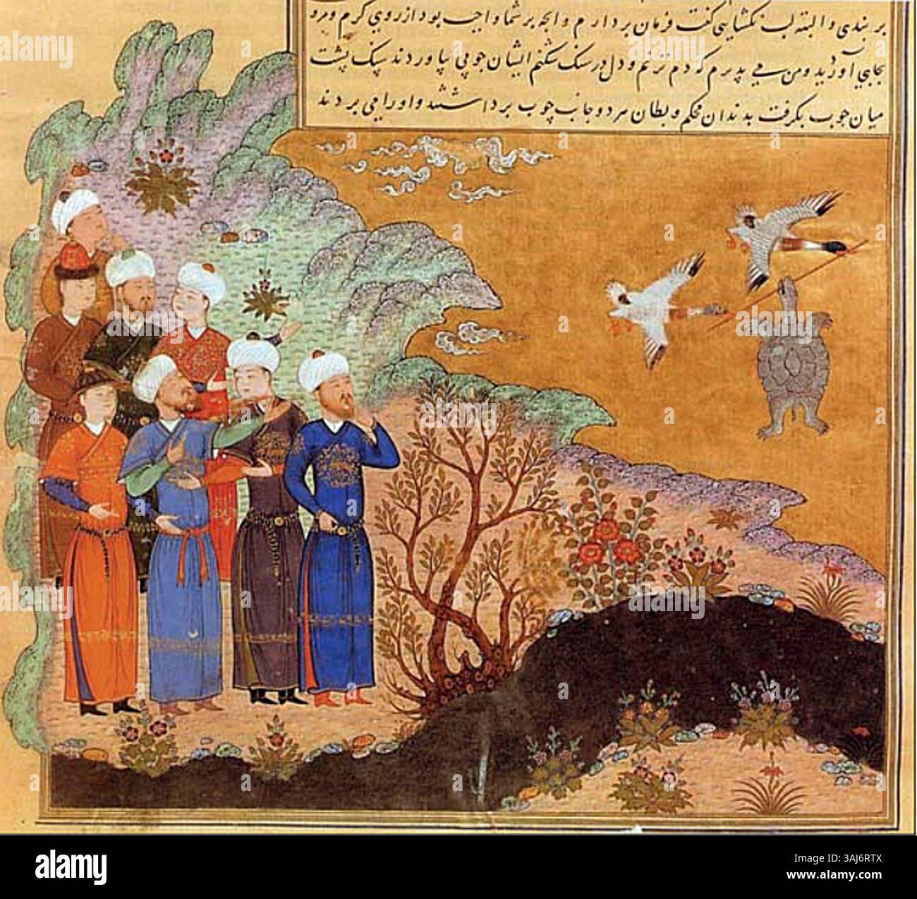 A scene from the 'Kalila and Dimna' manuscript showing the flying ...