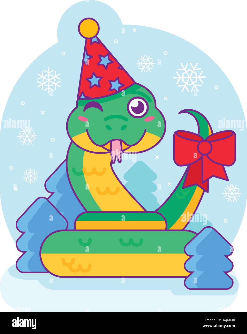 Friendly snake reptile hugs toy Christmas tree decorated with colorful ...