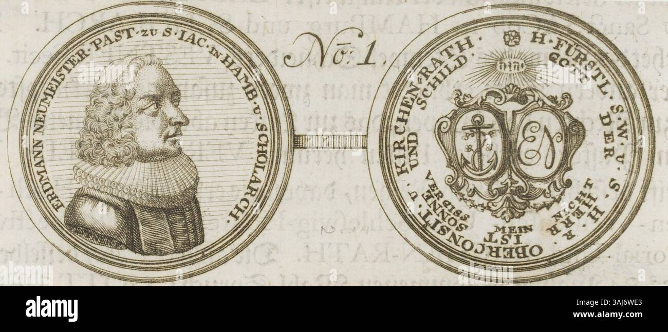 Portrait of Erdmann Neumeister, a Lutheran pastor, in copper engraving ...