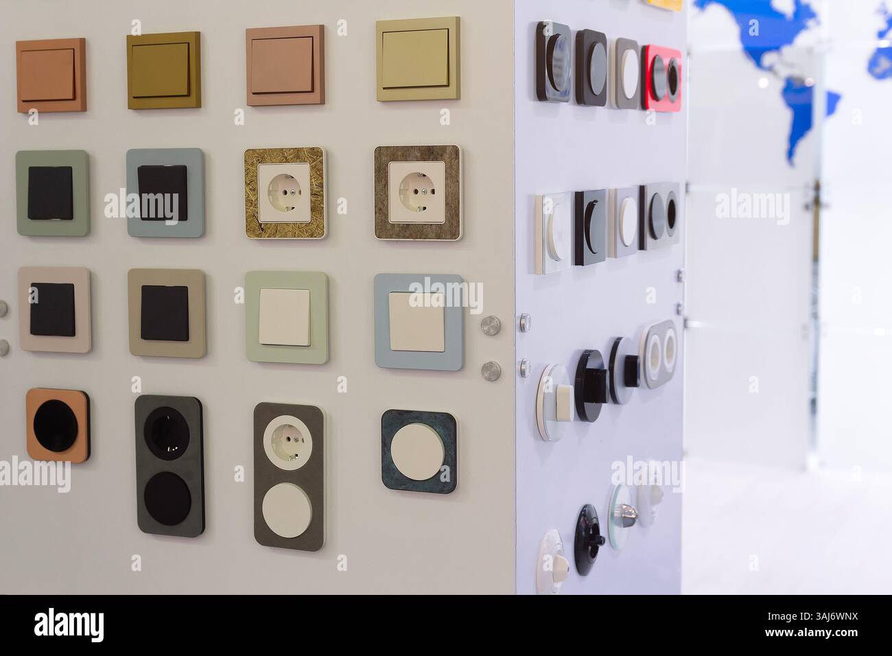 Electrical household switches and sockets on the stand in the store ...