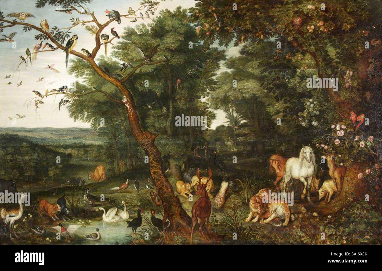 This painting, attributed to Frederik Bouttats the Elder, depicts the biblical Garden of Eden ...