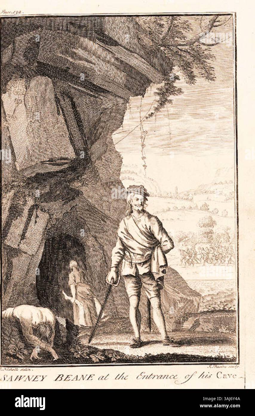 This engraving depicts Sawney Beane and his wife outside their cave in ...