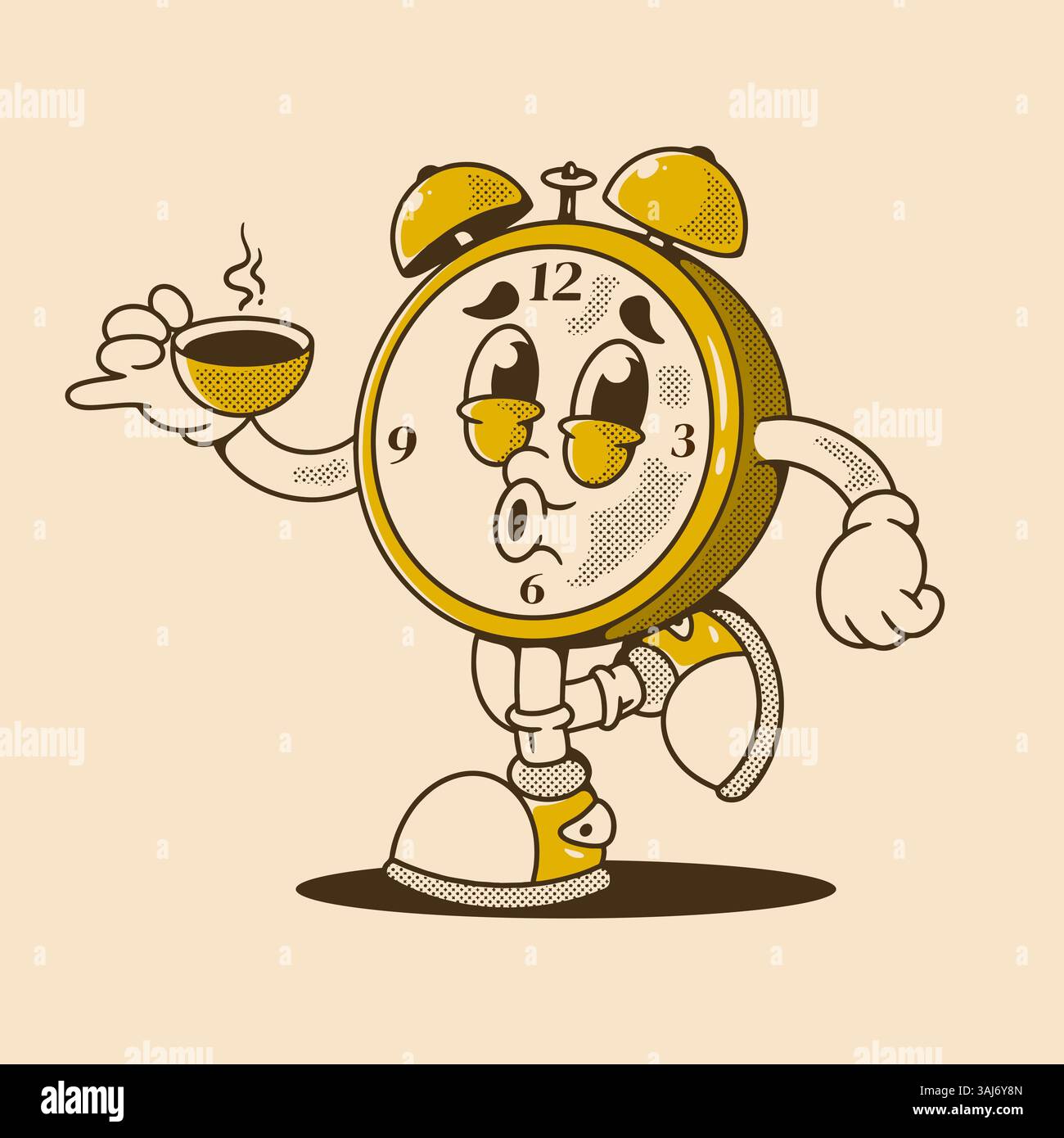 Alarm clock mascot character holding a coffee cup, in happy expression ...