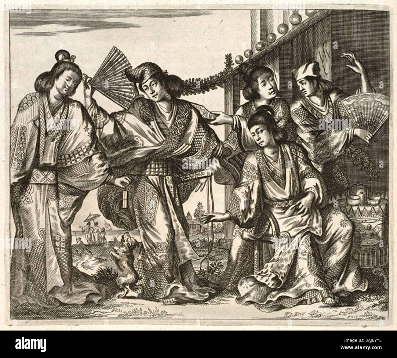 This print depicts Japanese women in kimonos, showcasing traditional ...