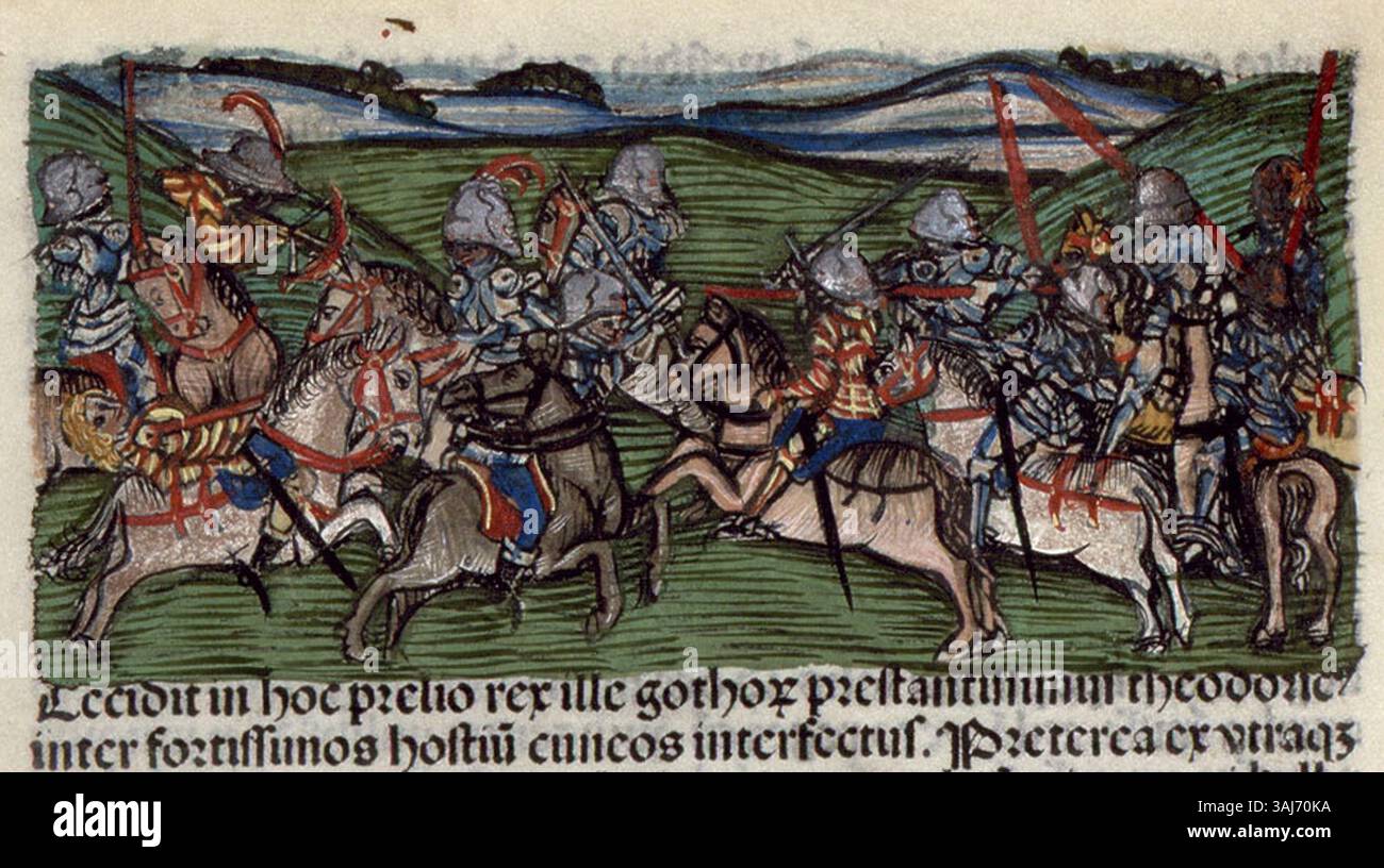 This historical scene from the 'Chronica Hungarorum' depicts the battle ...