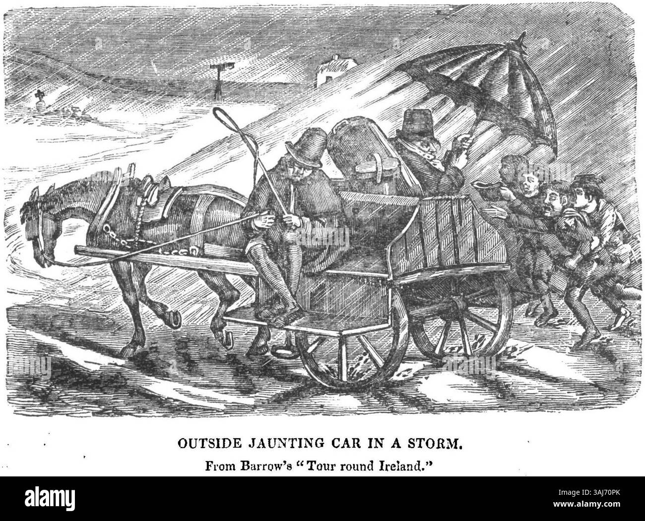 This image portrays a scene of a jaunting car, a traditional Irish ...
