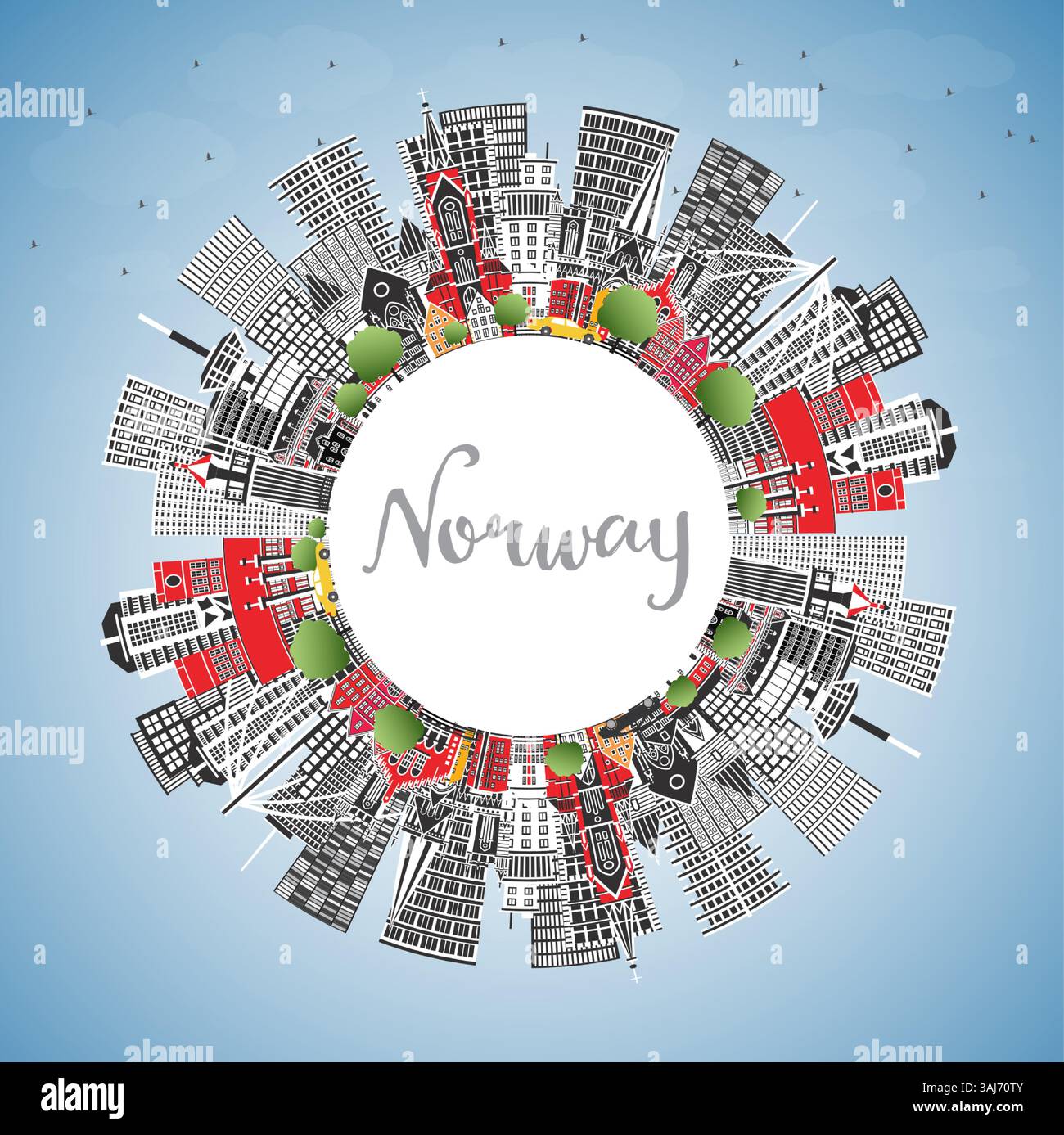 Norway city skyline with gray buildings, blue sky and copy space ...