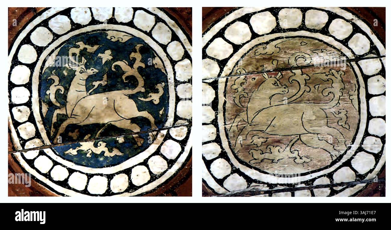 Painted animal medallions on the ceiling of the second floor of the ...