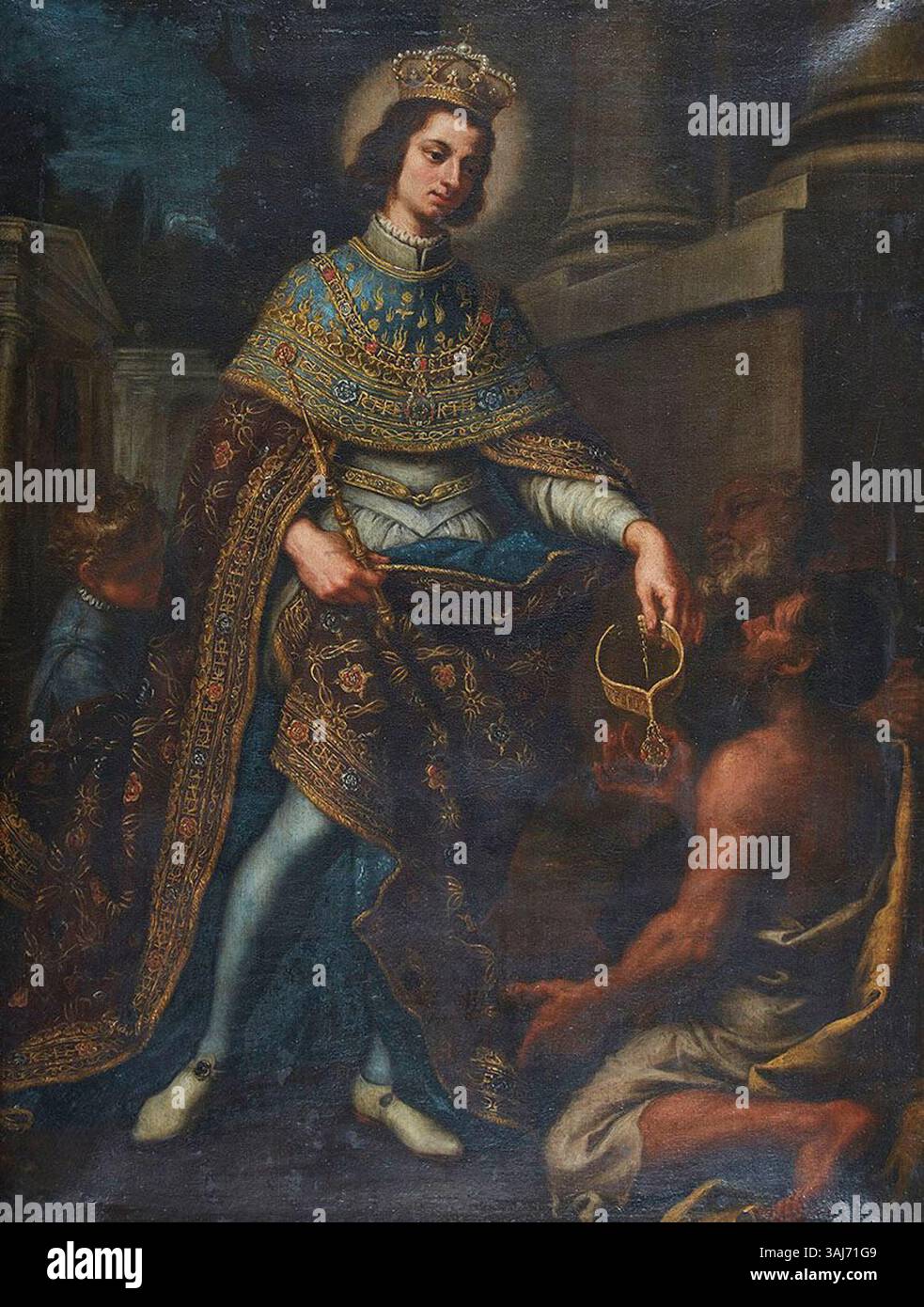 This artwork depicts Amedeo IX of Savoy (1435-1472) performing an act of charity, a theme common ...