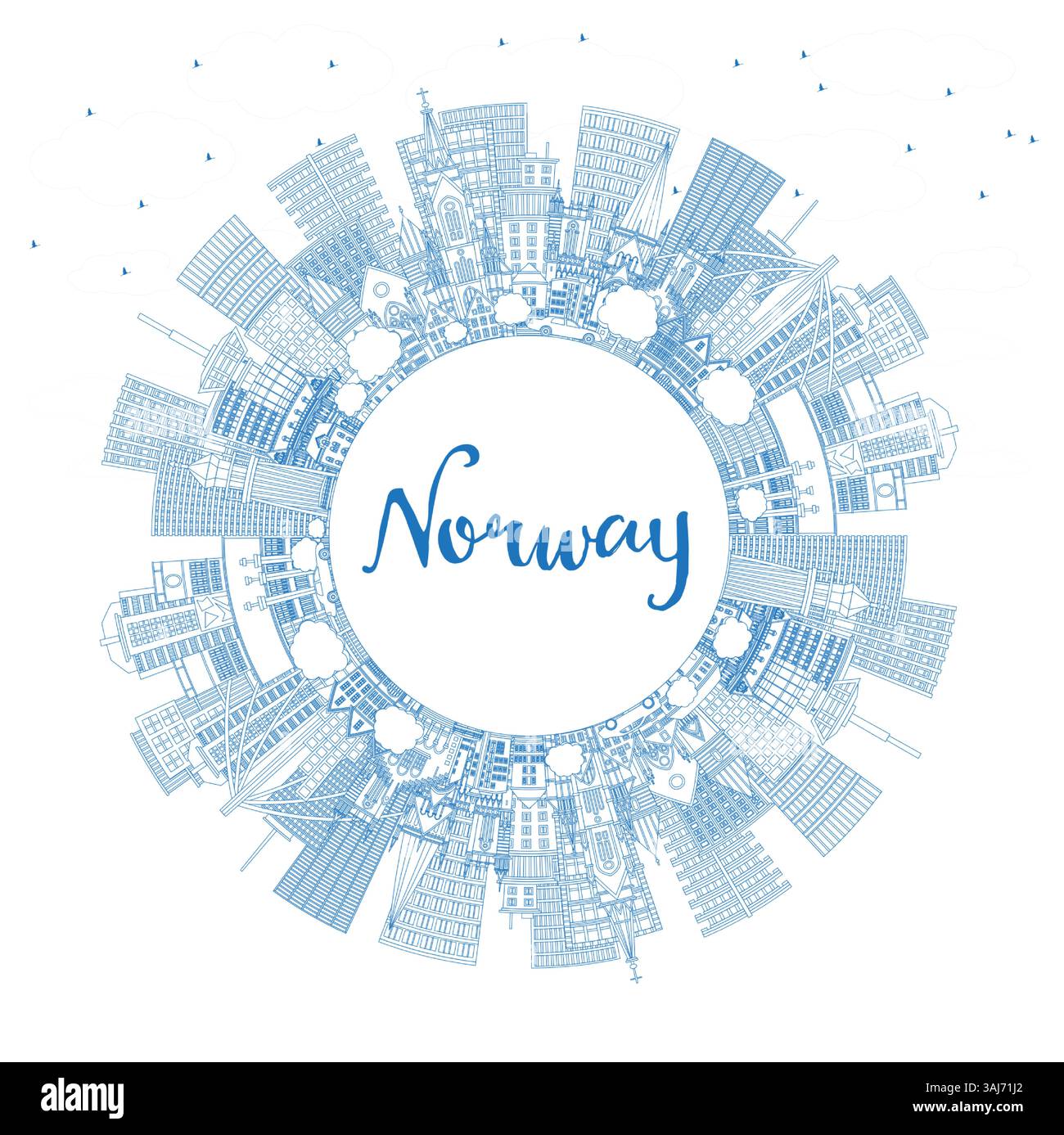 Outline Norway city skyline with blue buildings and copy space. Vector ...