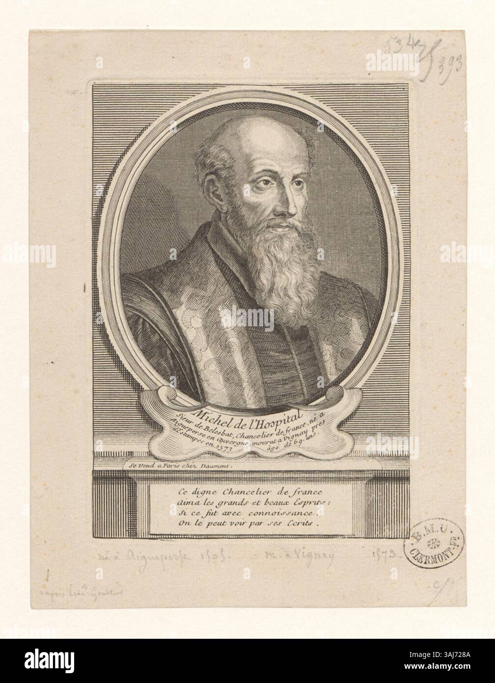 This print commemorates Michel de l'Hospital, Sieur de Belesbat, a ...