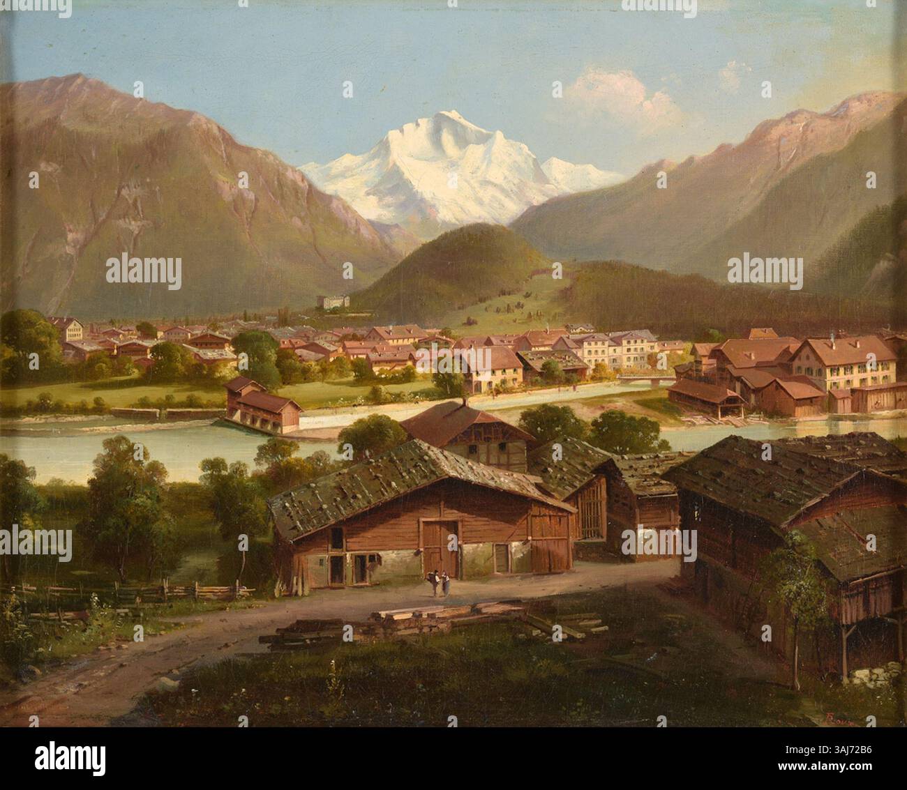 This 19th-century oil painting depicts the Swiss Alpine village of ...