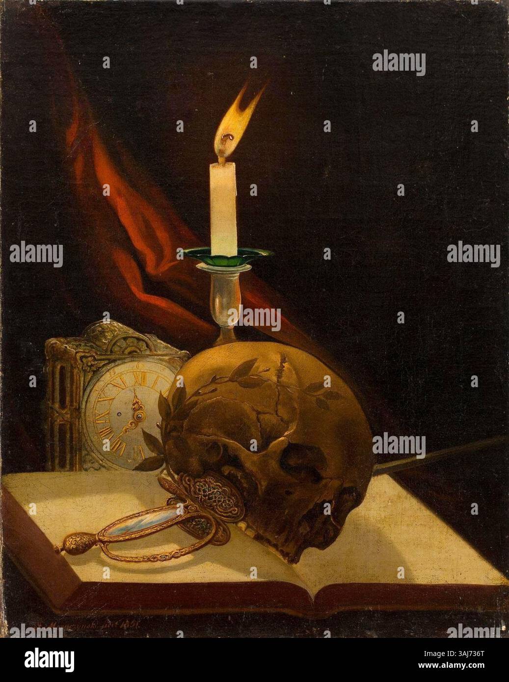 This 1851 oil painting by Jan Moraczyski titled 'Vanitas' features a ...