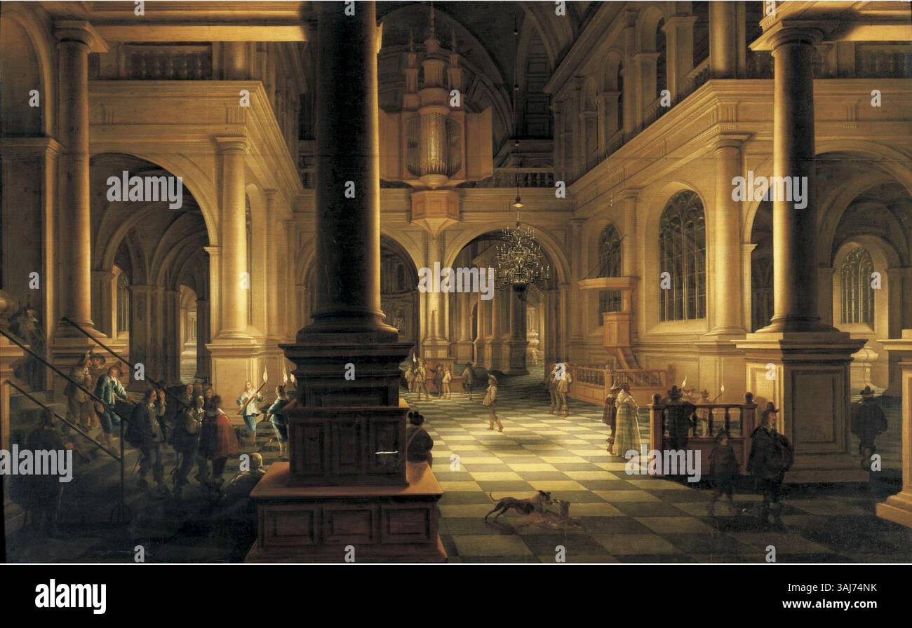 The painting 'Interior of a Church by Night' depicts a dimly lit church ...