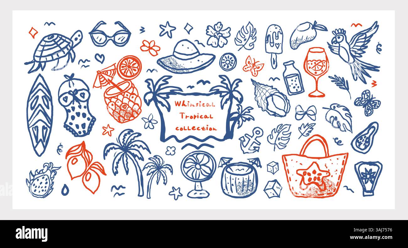Whimsical Tropical Collection hand drawn summer set with tropical ...
