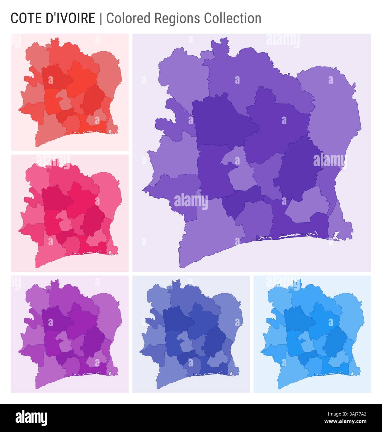 Ivory Coast map collection. Country shape with colored regions. Deep Purple, Red, Pink, Purple ...