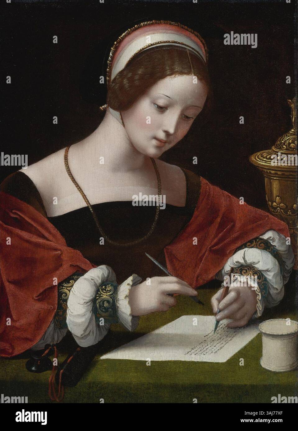 The Magdalene Writing a Letter, by the Master of the Female Half-Lengths, depicts a serene scene ...