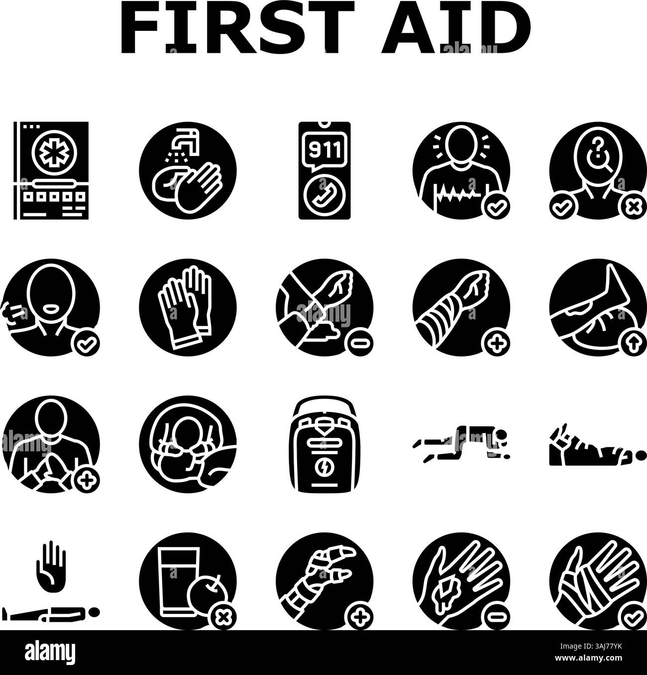 first aid providing cpr bandage icons set vector Stock Vector Image ...