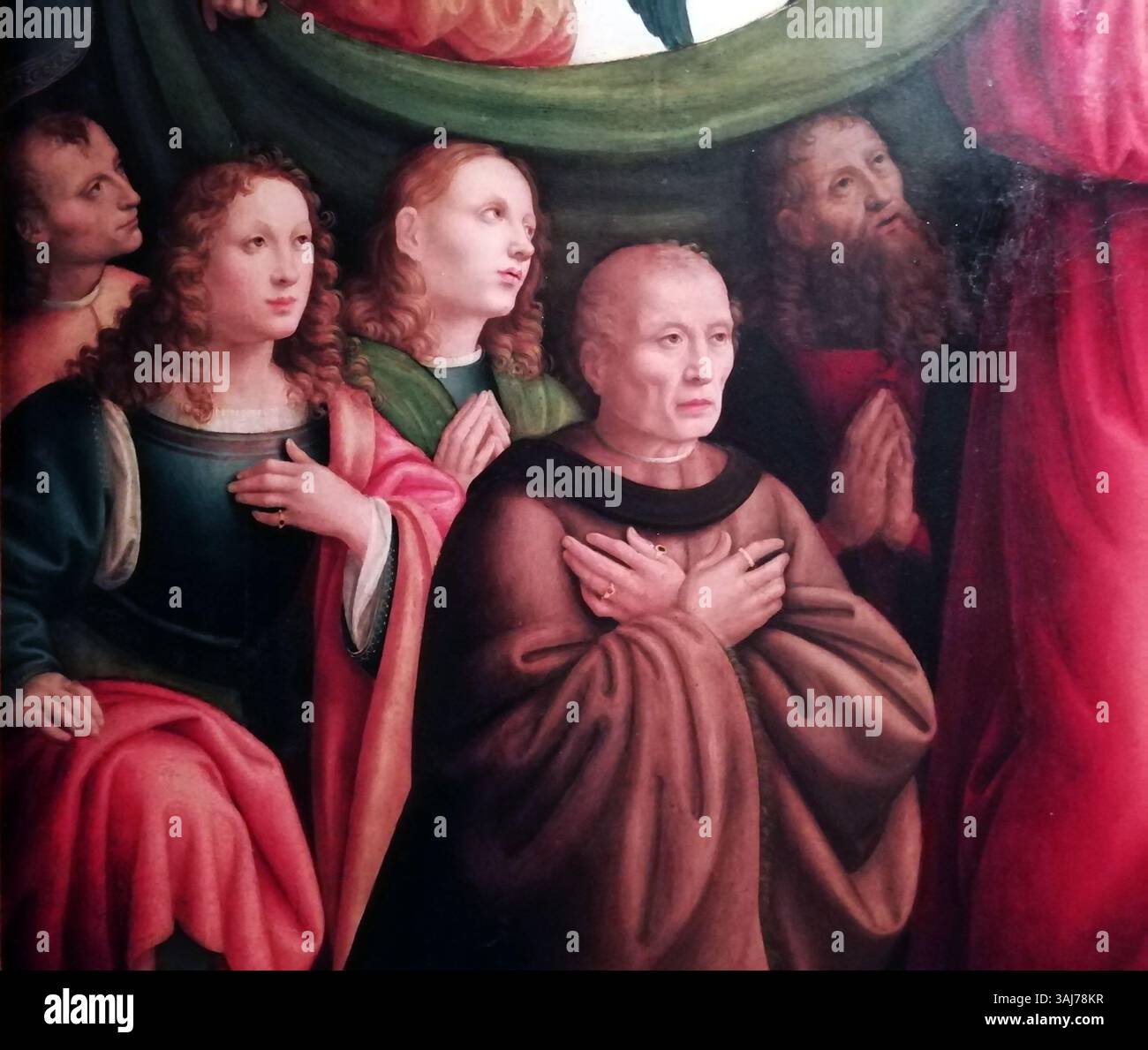 In this 1510–1515 tempera on panel painting by Raffaello Botticini, *Madonna della Misericordia ...