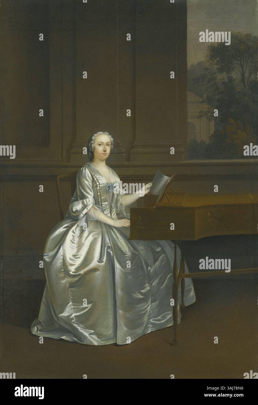 Arthur Devis’s 1749 portrait of a lady seated at a harpsichord depicts ...