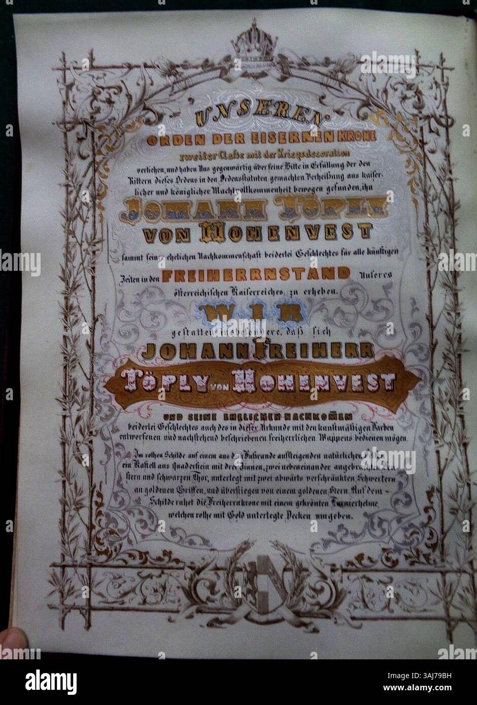 This is the official letter of nobility (Freiherrendiplom) awarded to ...