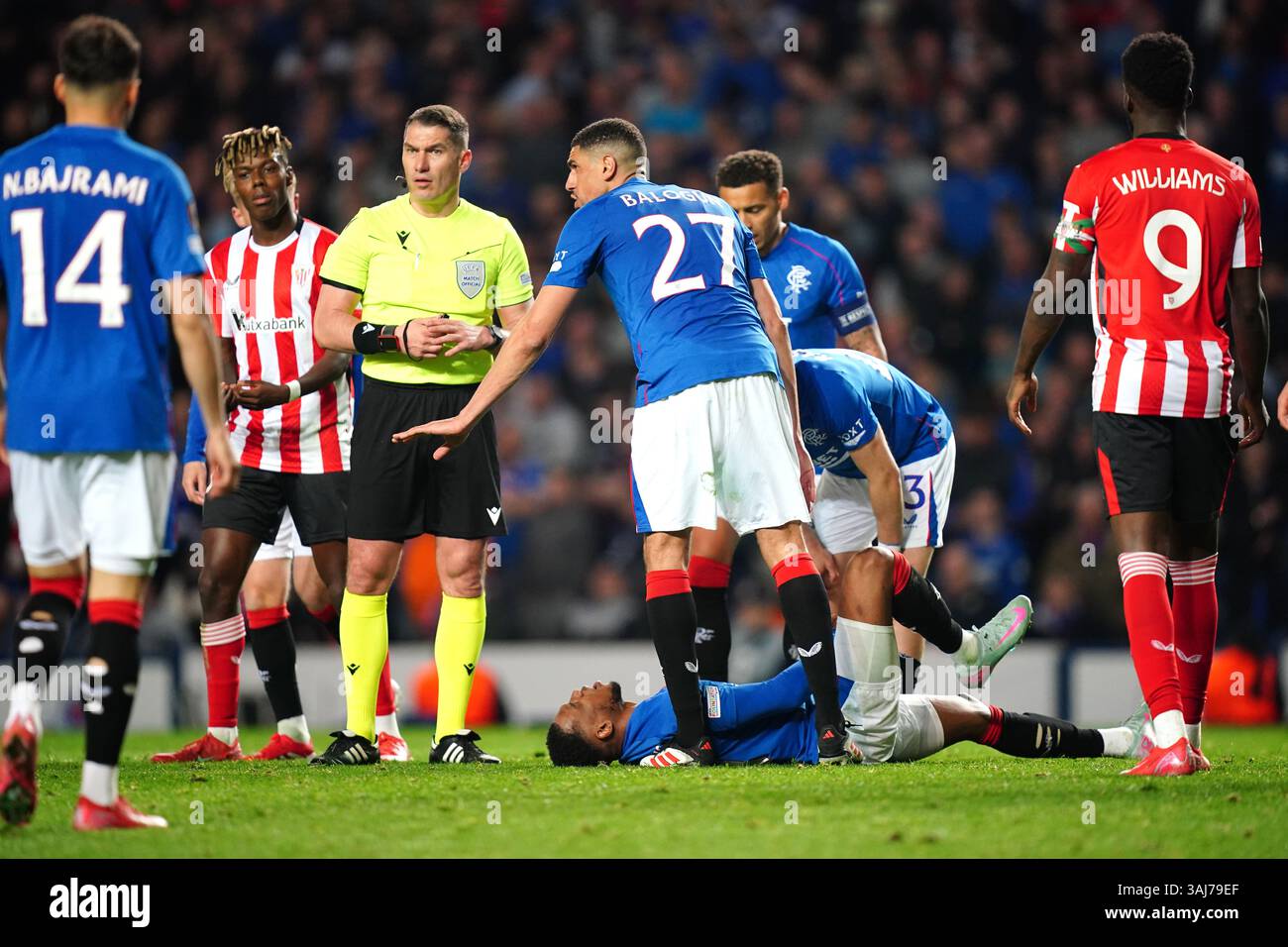 Rangers' Dujon Sterling appears in pain following a challenge during ...