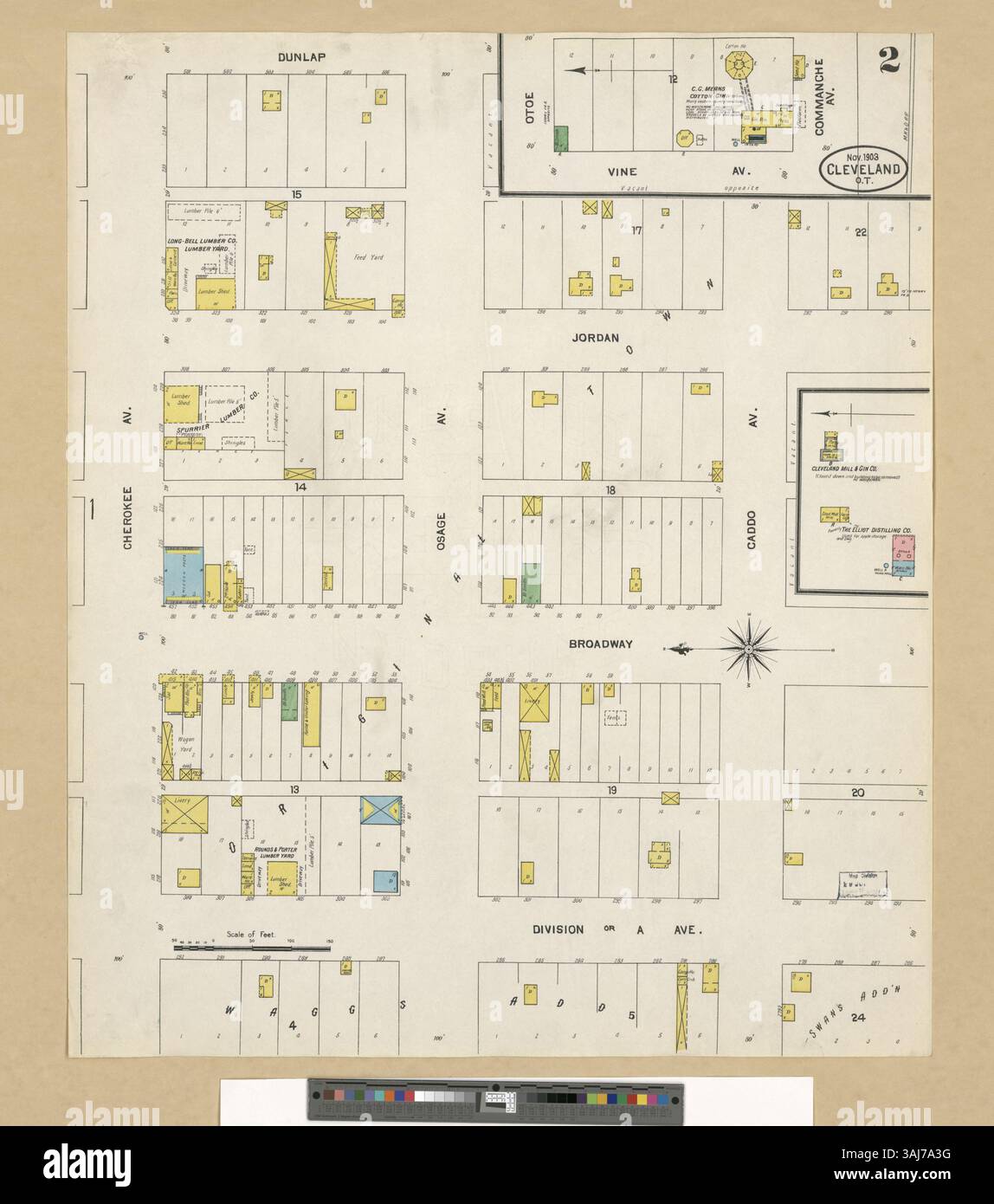 This November 1903 Sanborn Fire Insurance map of Cleveland, Pawnee County, Oklahoma, details ...