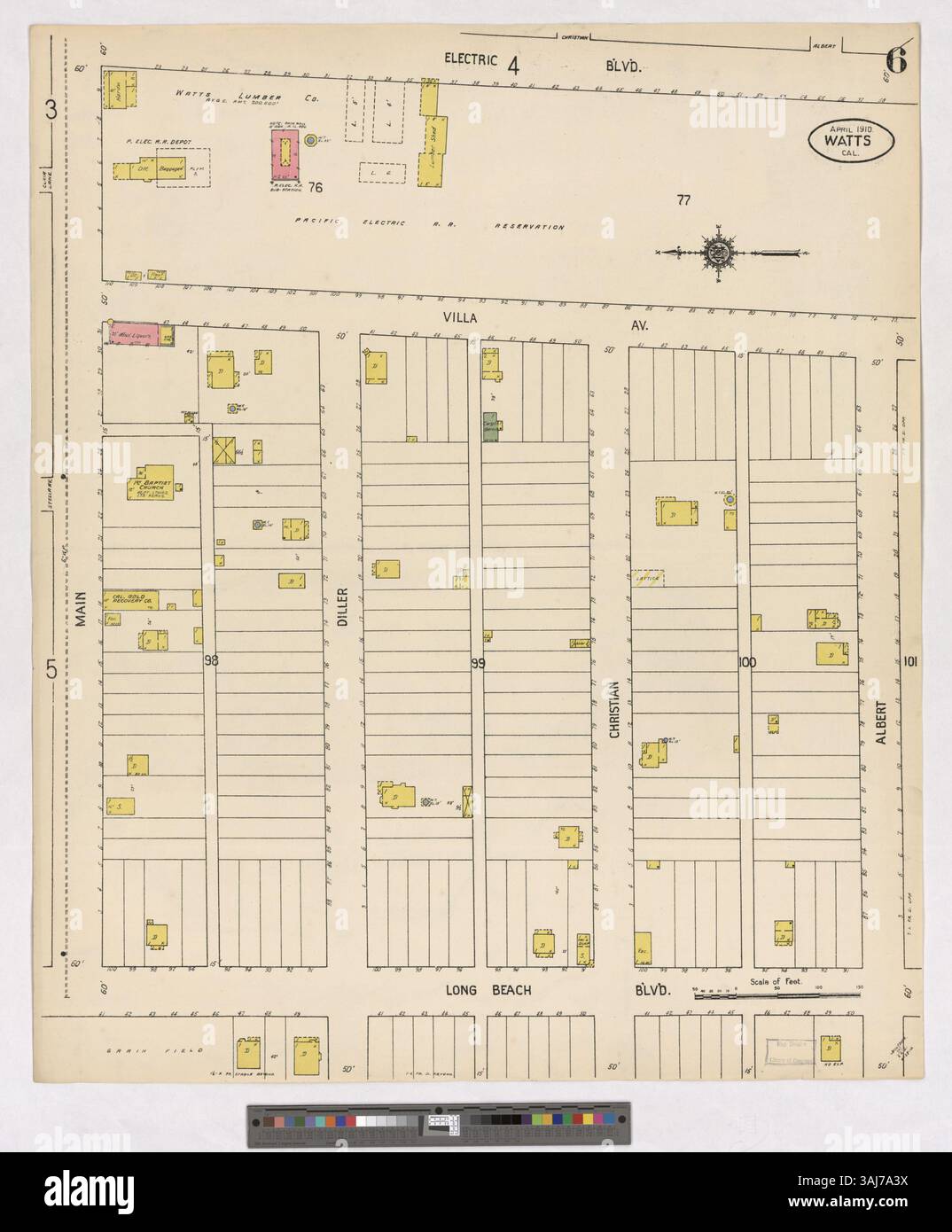 A 1910 Sanborn Fire Insurance map of Watts, Los Angeles, showing ...
