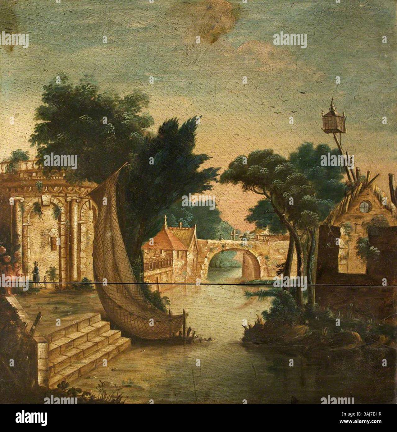 This 18th-century French painting depicts a capriccio river scene ...