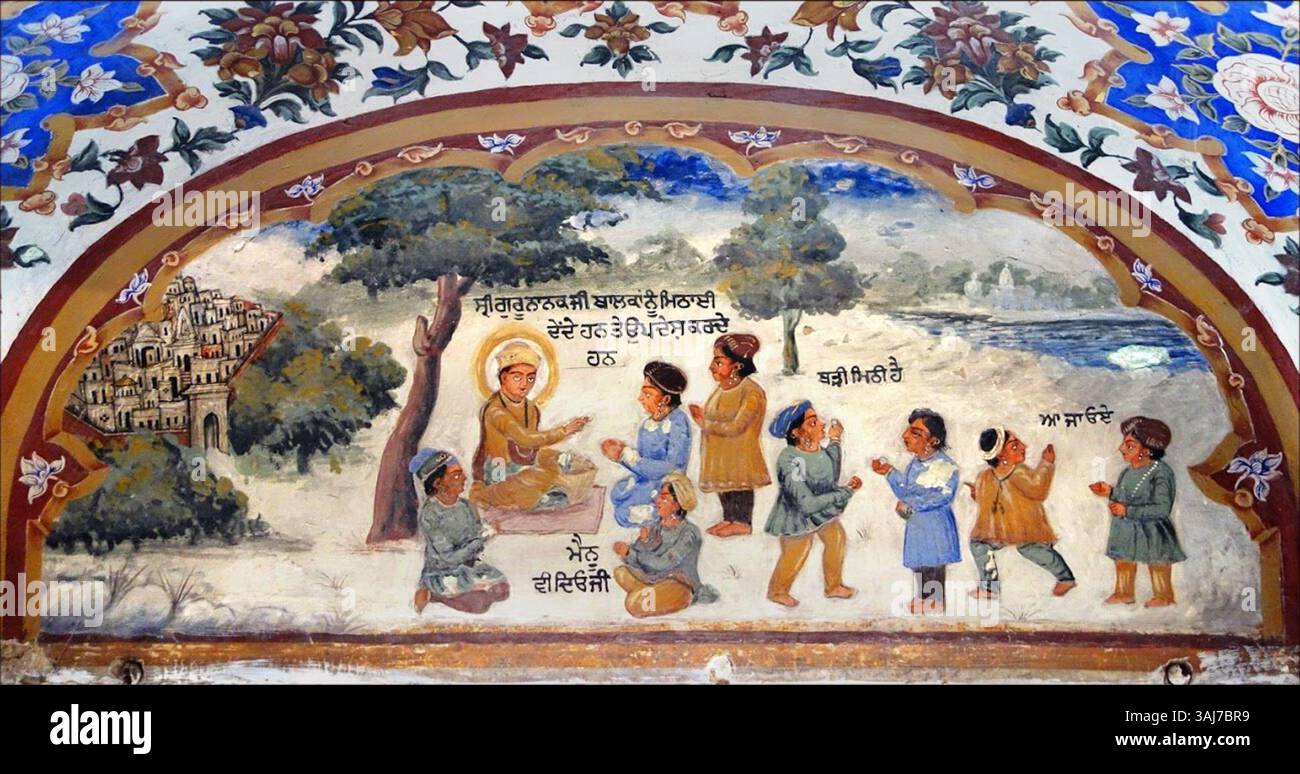 This fresco at Gurdwara Baba Atal depicts an event from Guru Nanak's life. Originally painted in ...