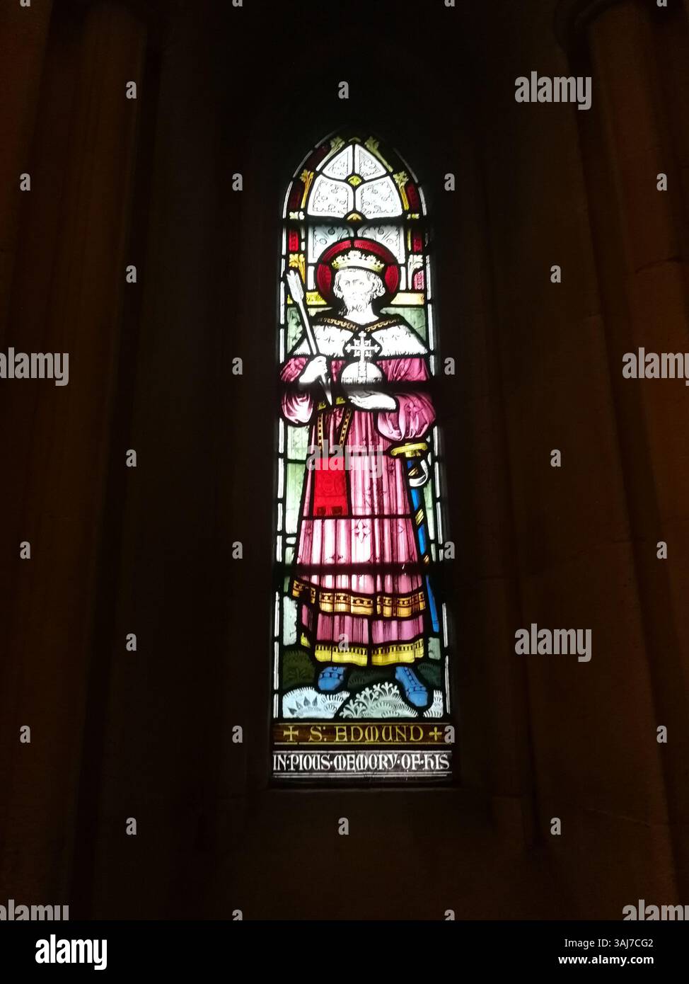 The stained glass window of St Edmund in the baptistery of Christchurch ...