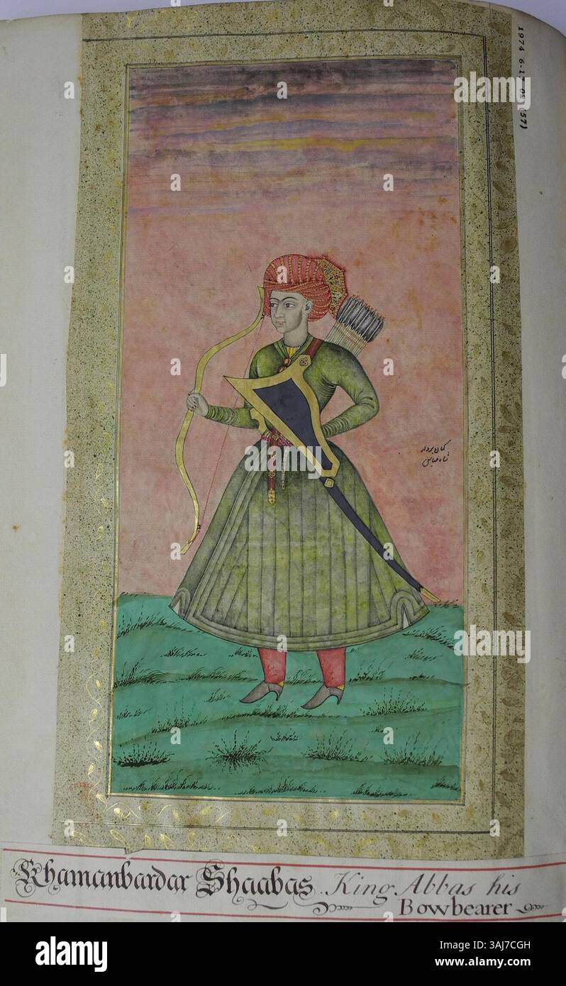 This painting depicts the bow-bearer of Shah Abbas, featuring a figure ...