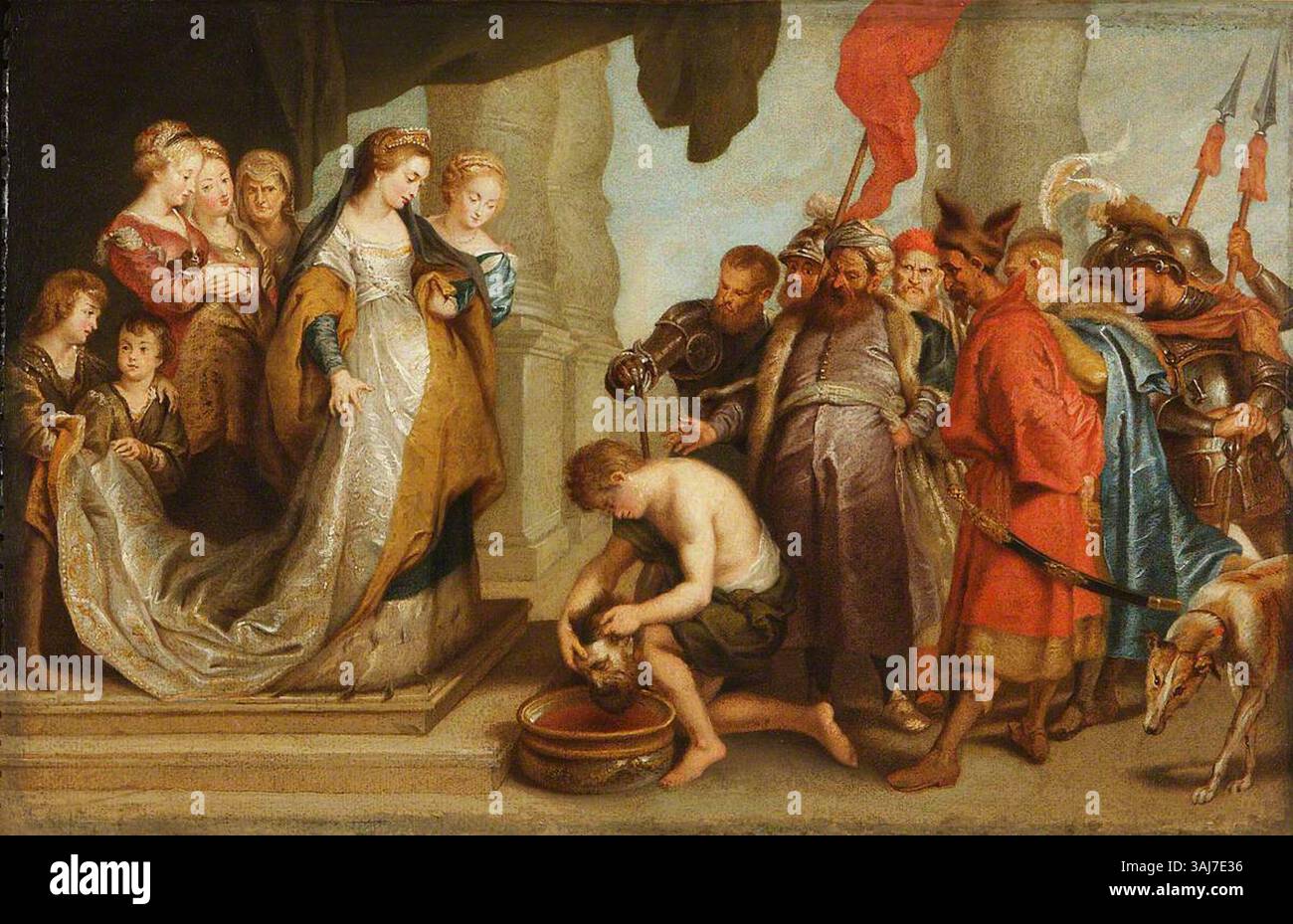 This painting, created by an anonymous artist after Peter Paul Rubens, portrays the moment Queen ...