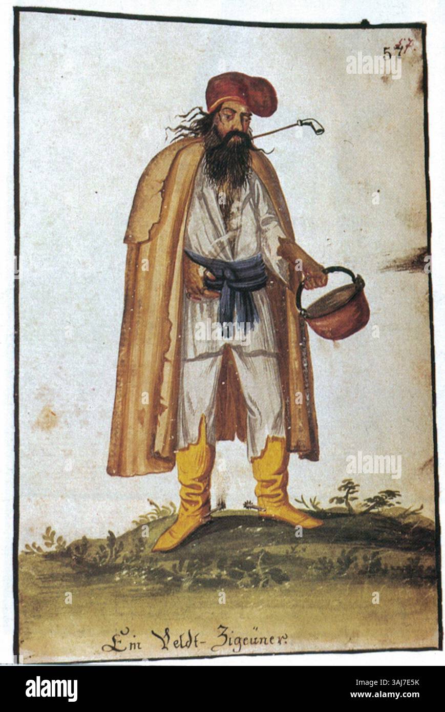 The 18th-century costume of a Gipsy man from Transylvania is portrayed ...