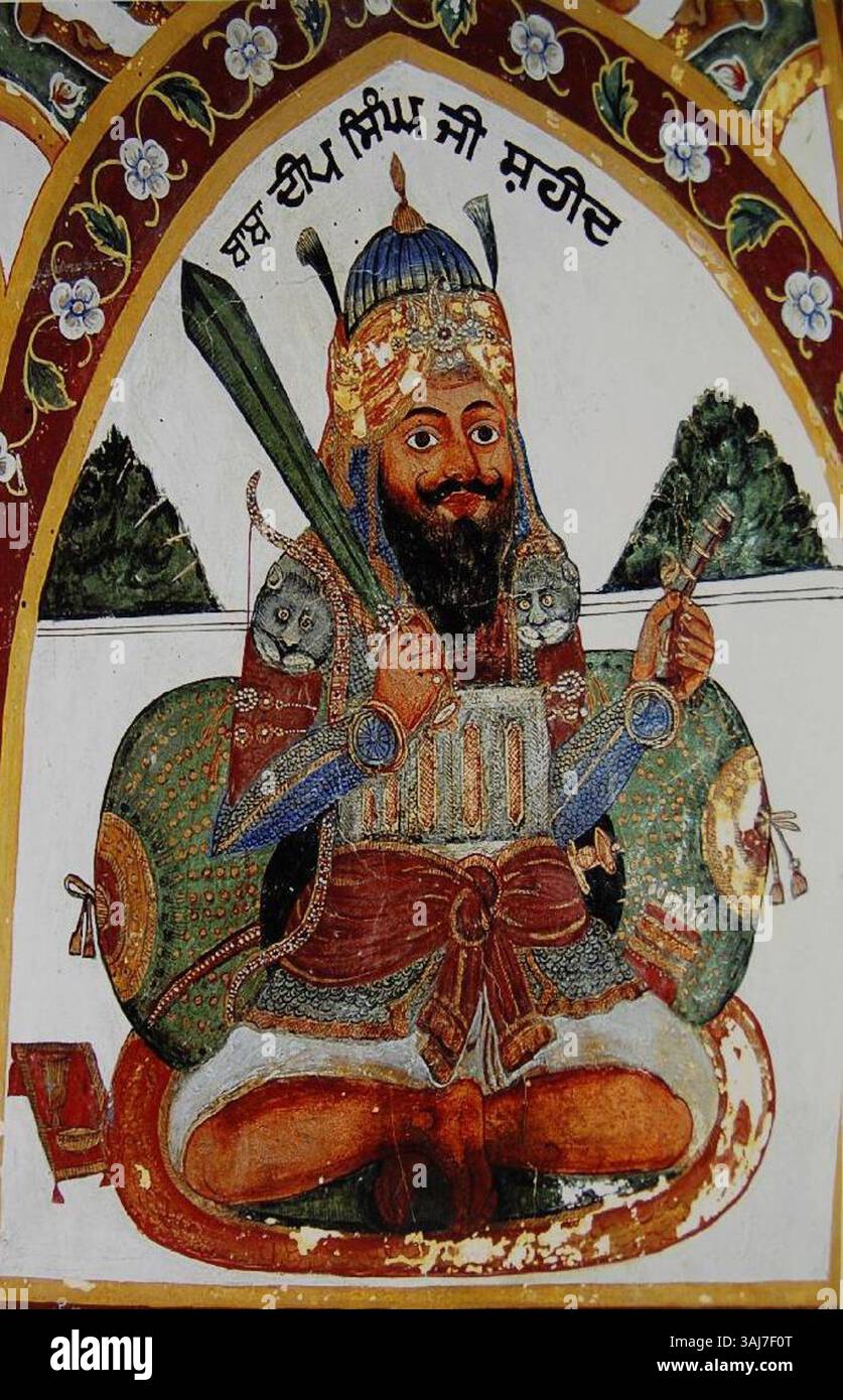 This fresco at the Gurdwara Baba Atal in Amritsar, painted by Jaimal Singh Naqqash, Mehtab Singh ...