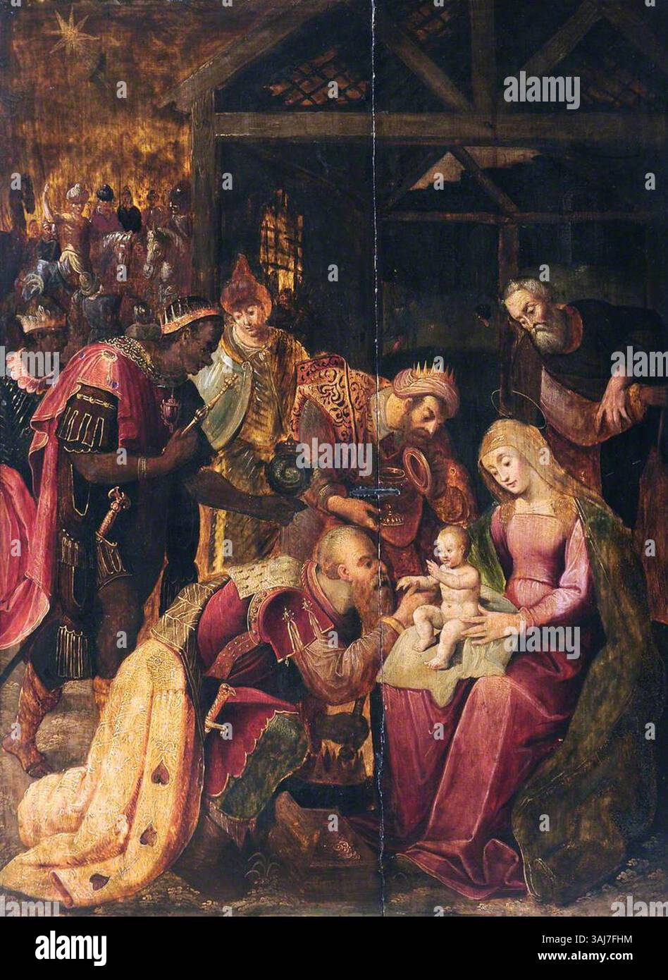 This religious painting depicts the Adoration of the Magi. Created between 1800 and 1899, the ...