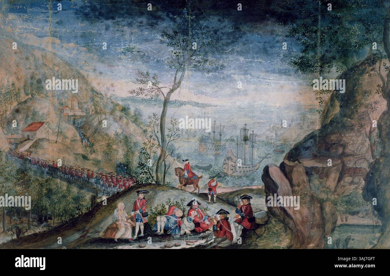 This 18th-century painting depicts the disembarkation of 50 soldiers ...