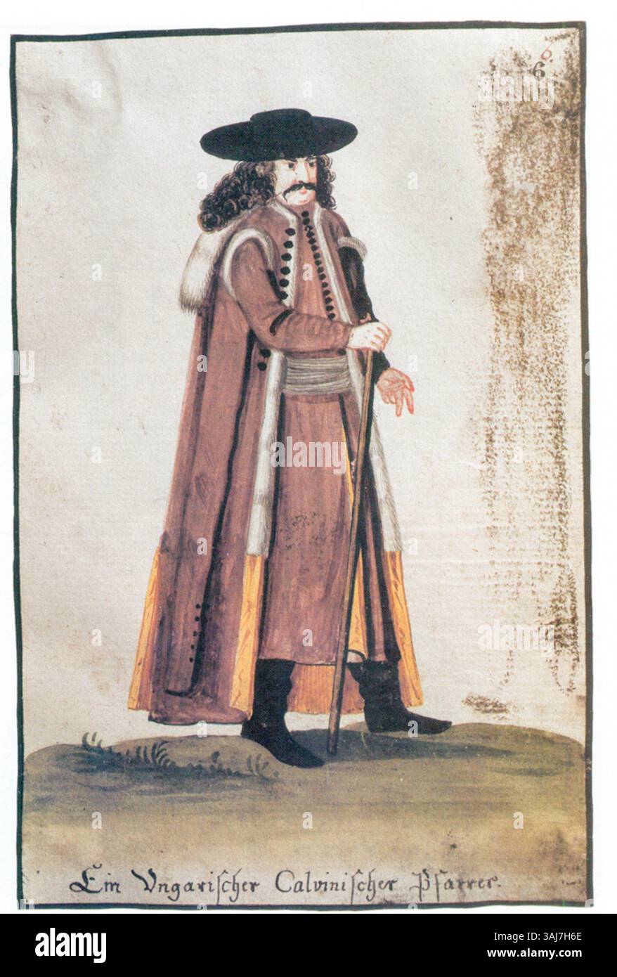 The 18th-century costume of a Hungarian Calvinist priest, representing ...