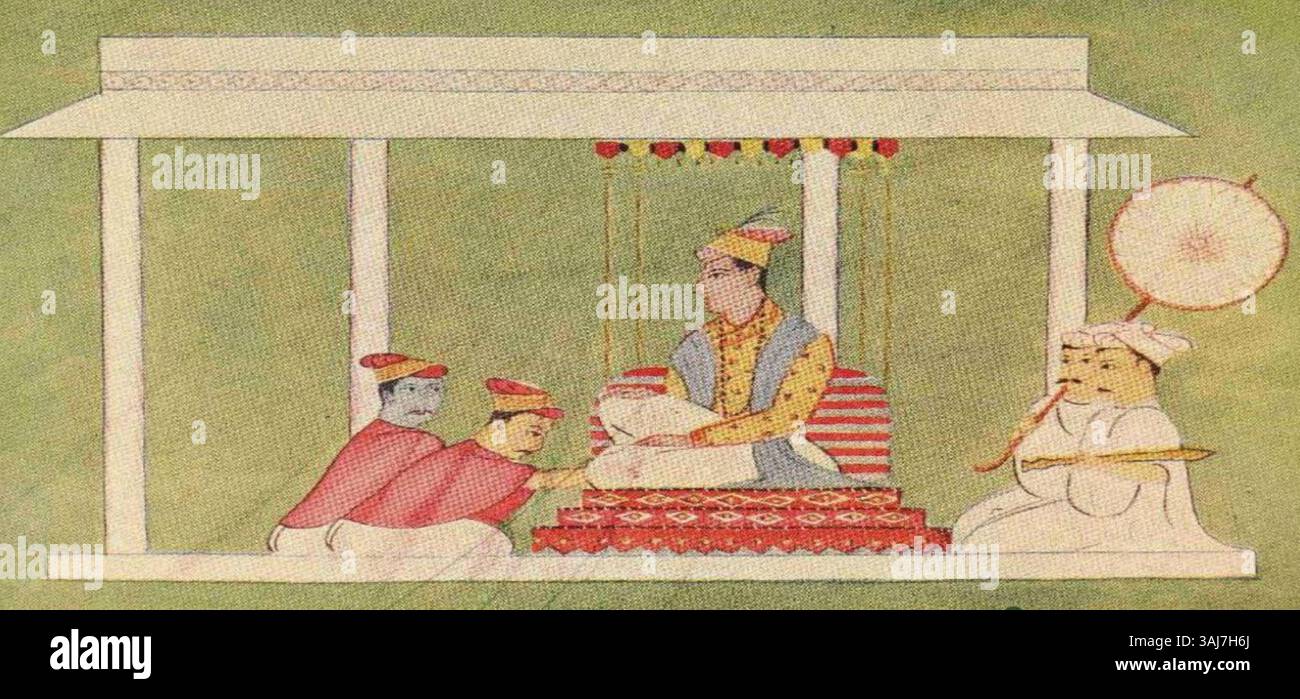 A historical scene portraying Rudra Singha, ruler of Assam, receiving ...