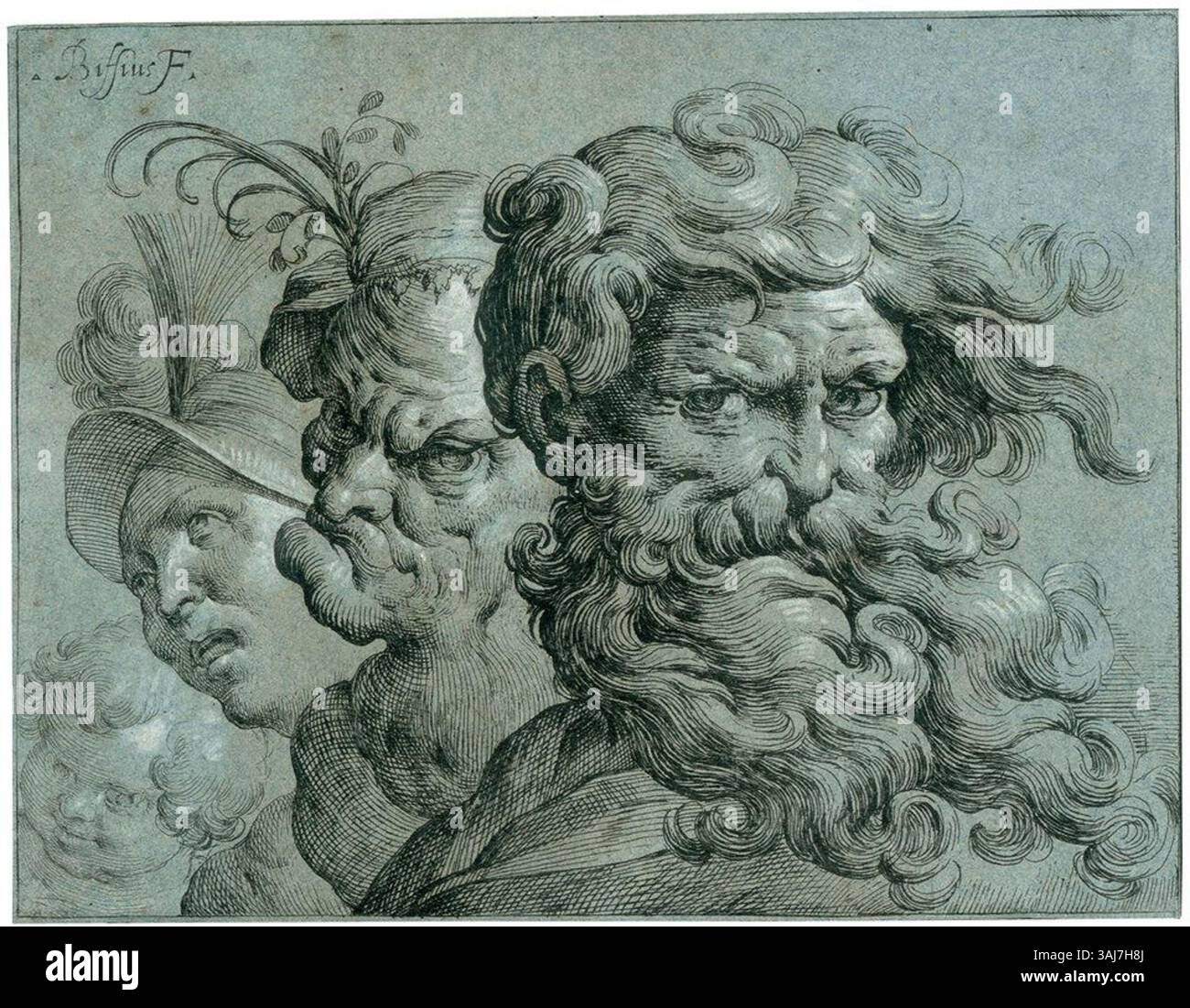 An etching print by Carlo Biffi, titled "Four Character Heads," created ...
